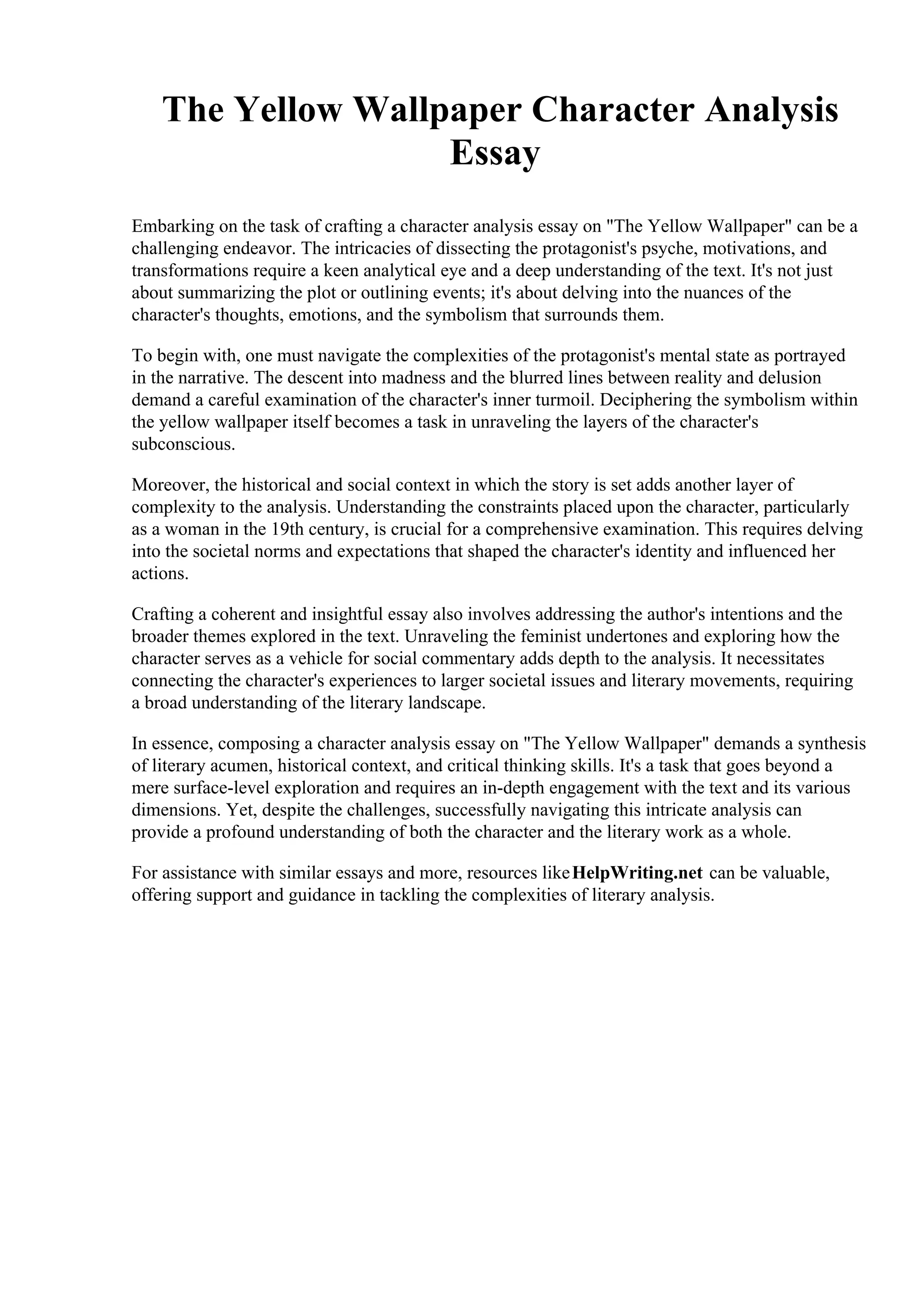 The Yellow Wallpaper Character Analysis Essay.pdf