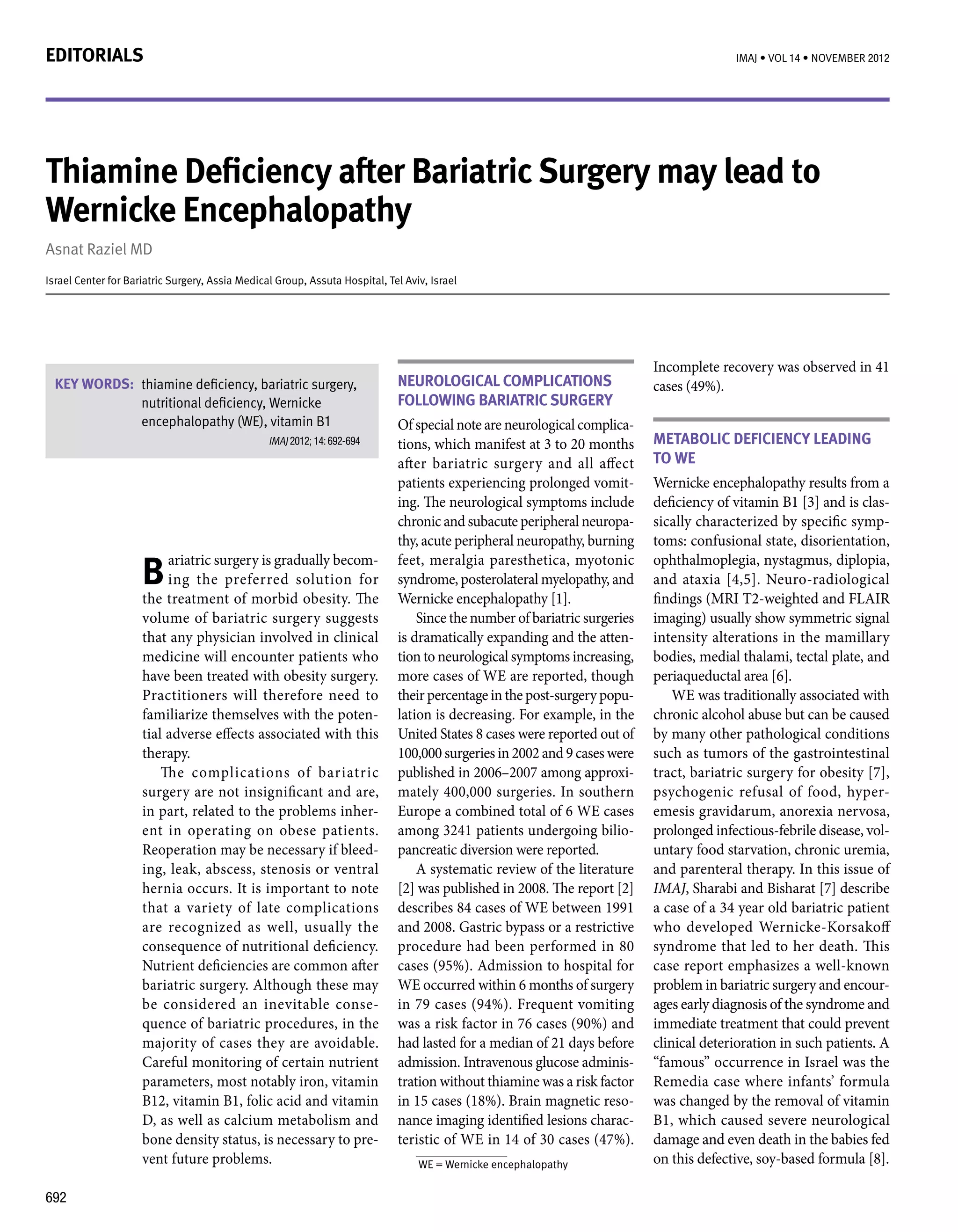 Thiamine deficiency after bariatric surgery may lead to | PDF