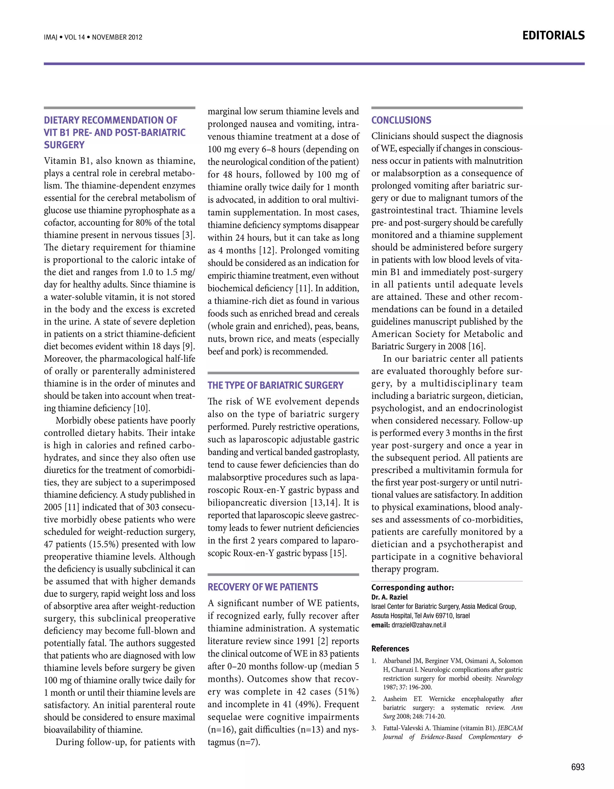 Thiamine deficiency after bariatric surgery may lead to | PDF