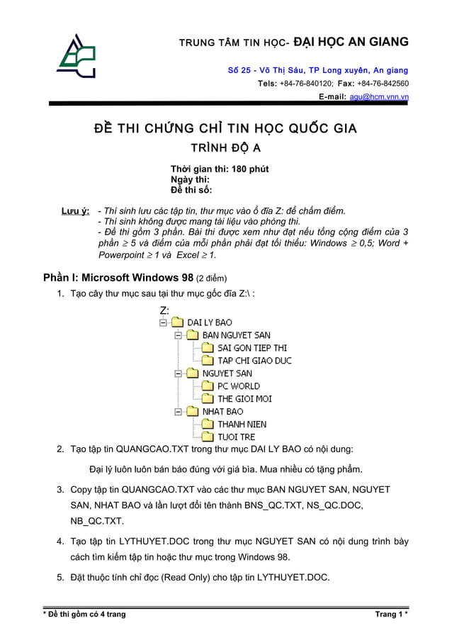 đề Thi chứng chỉ tin học quốc gia trình độ a 1 | DOC