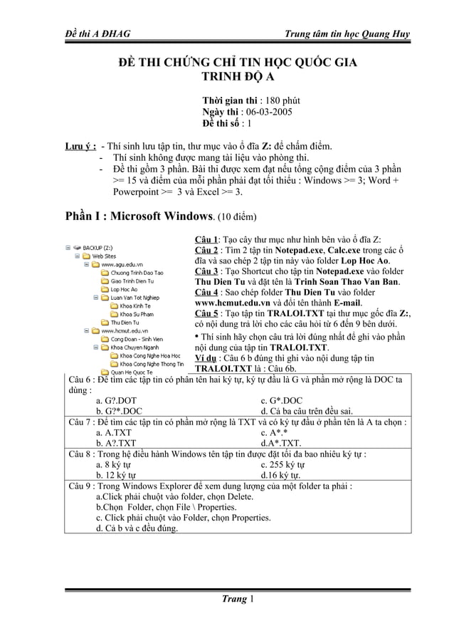 đề Thi chứng chỉ tin học quốc gia trình độ a 3 | PDF