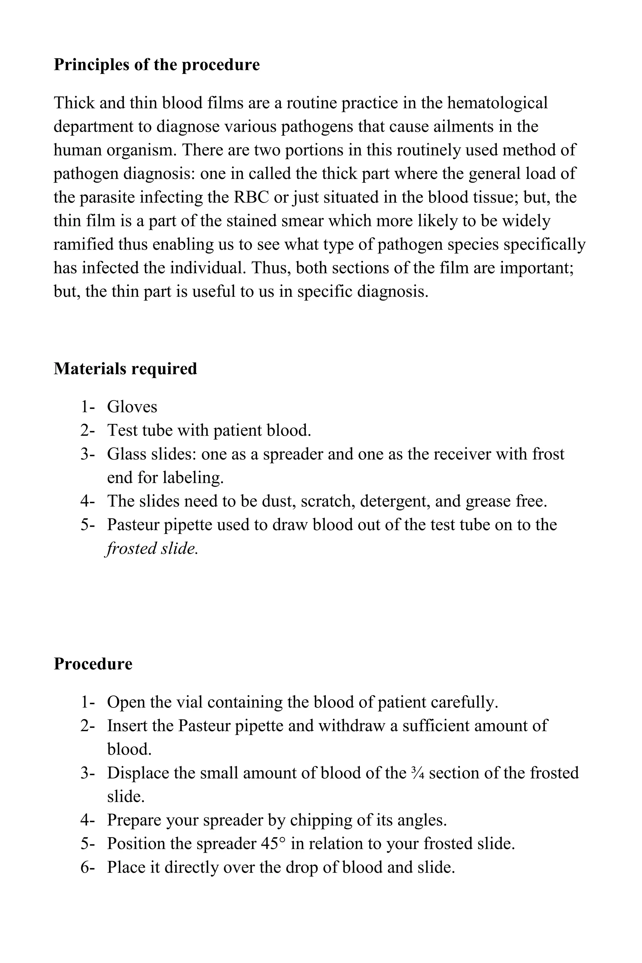 Thick and thin blood smear Procedure | PDF