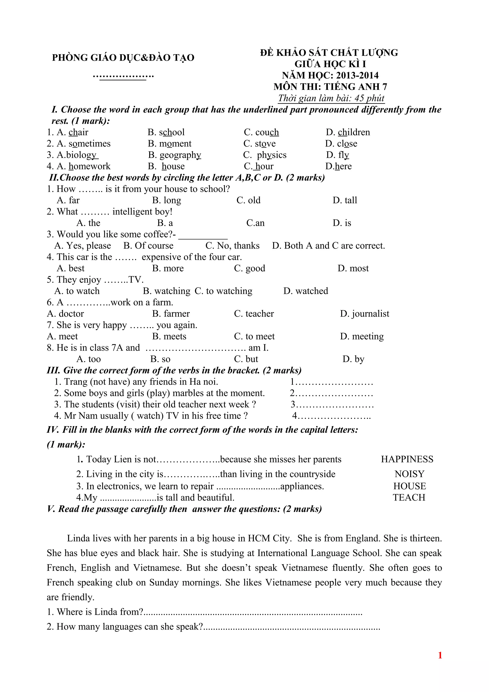 Thi giữa hki tiếng anh lớp 7 (with key) | PDF