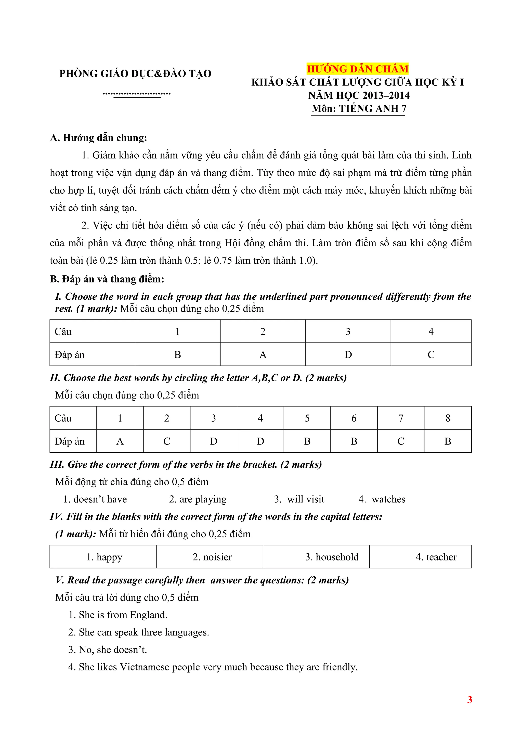 Thi giữa hki tiếng anh lớp 7 (with key) | PDF