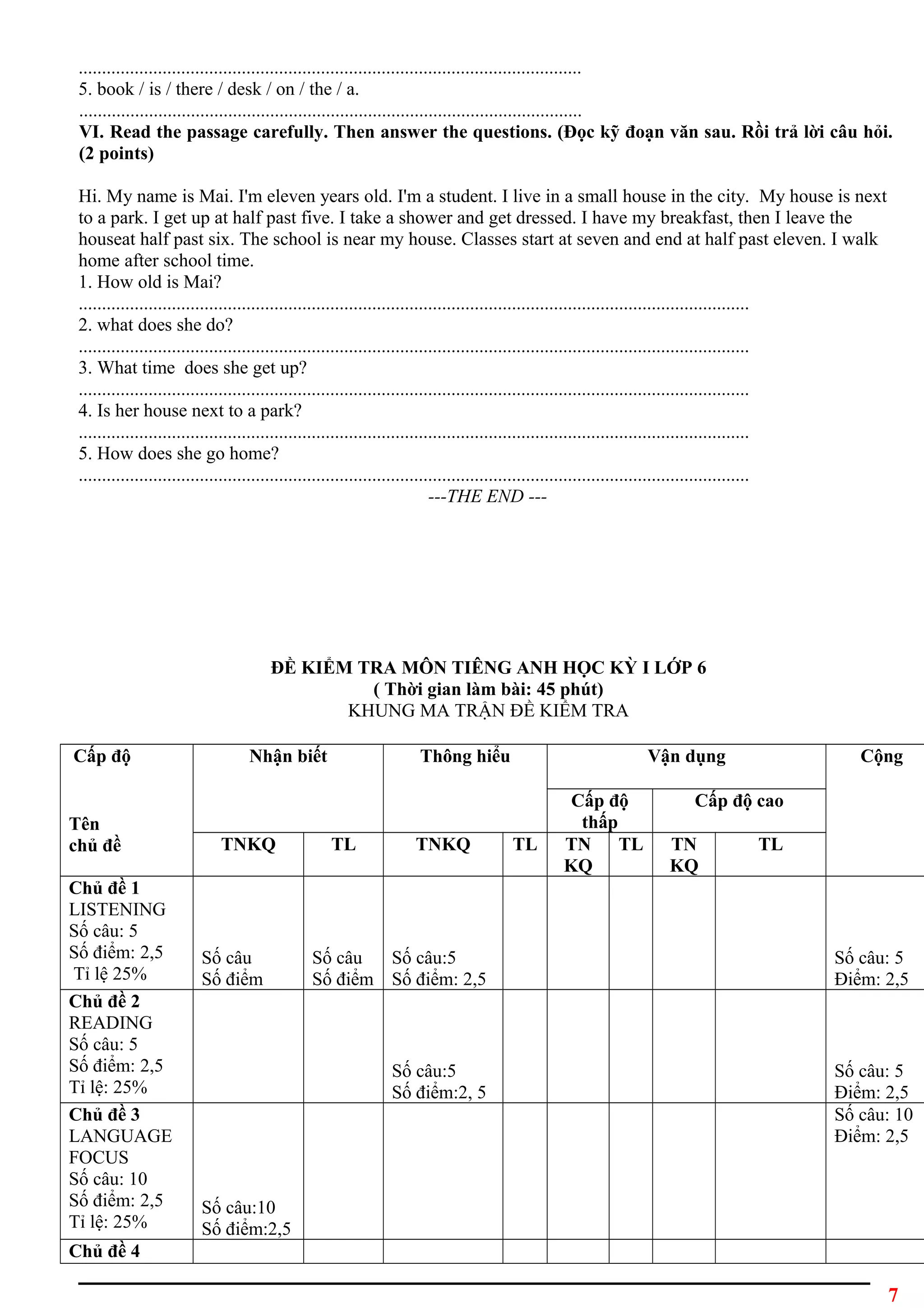 Thi hki tiếng anh lớp 6 (with key)4 | PDF