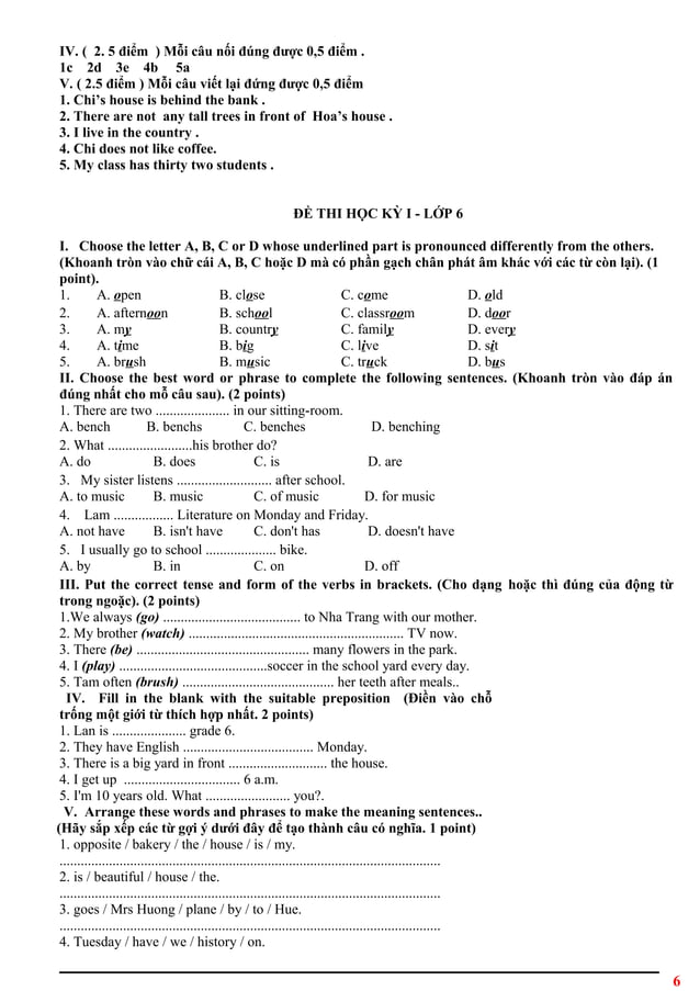 Thi hki tiếng anh lớp 6 (with key)4 | PDF
