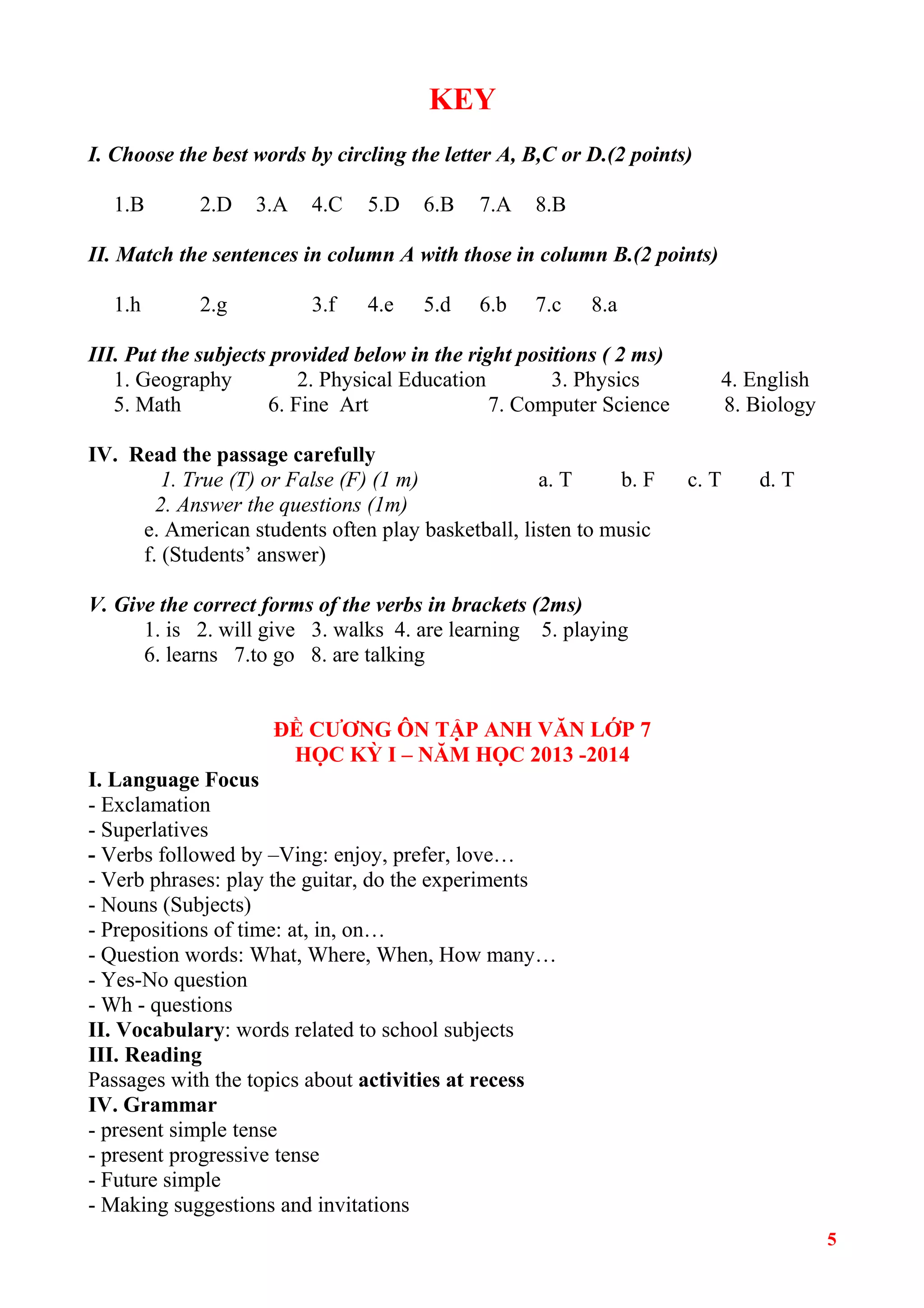 Thi hki tiếng anh lớp 7 (with key) | DOC