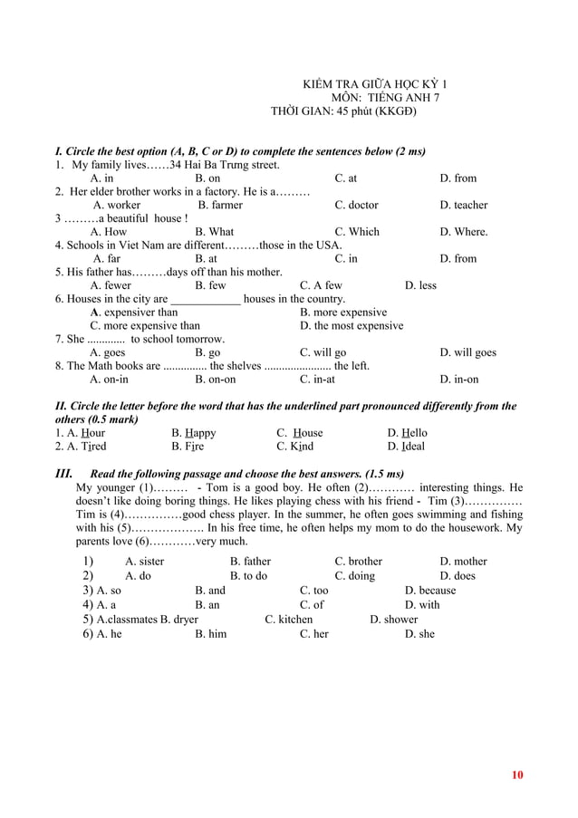 Thi hki tiếng anh lớp 7 (with key) | PPT