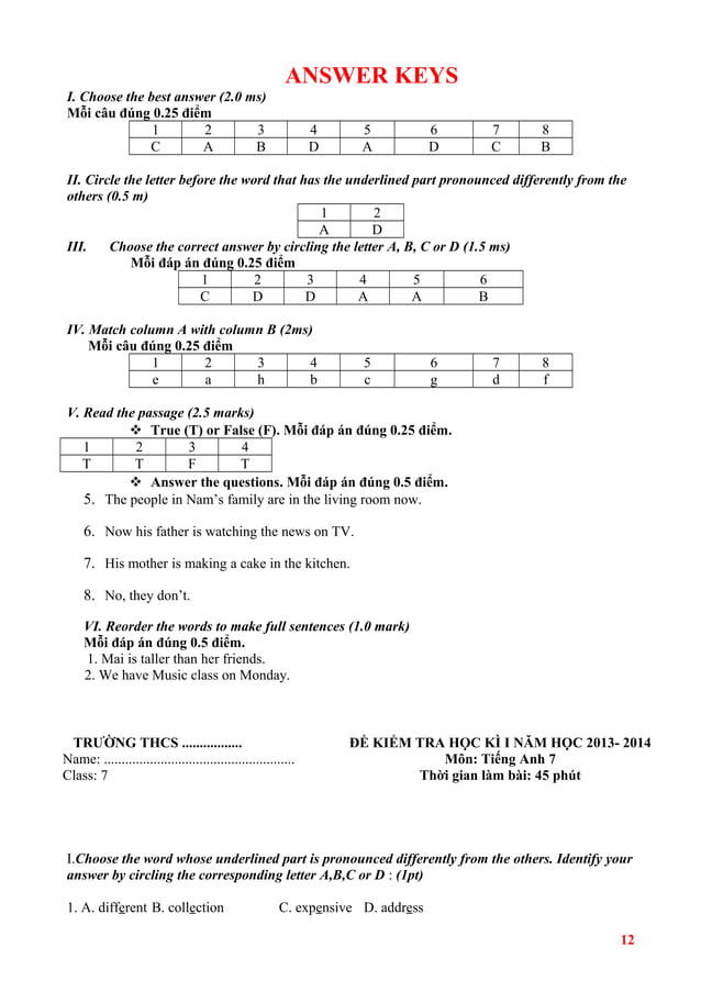 Thi hki tiếng anh lớp 7 (with key) | PPT