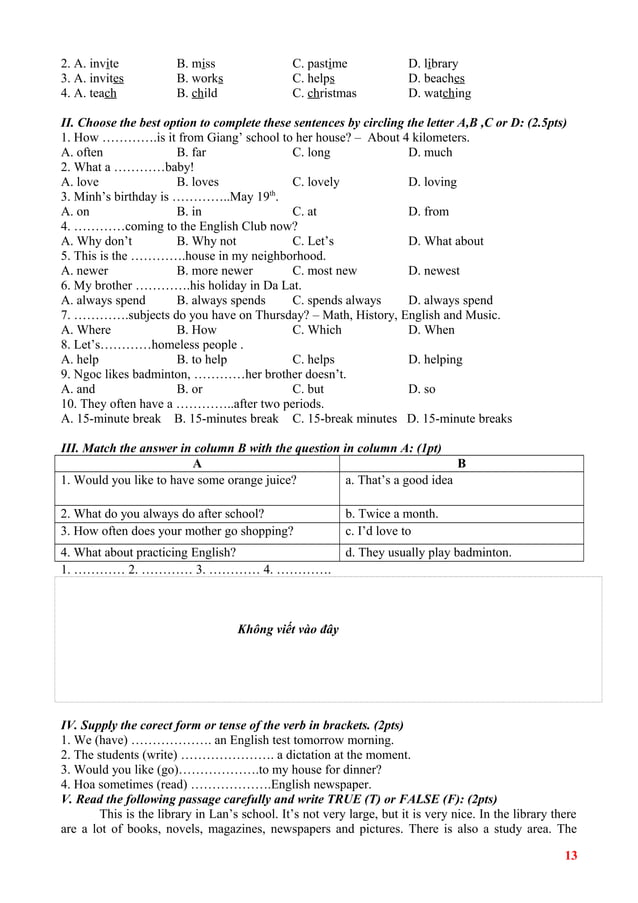 Thi hki tiếng anh lớp 7 (with key) | PPT