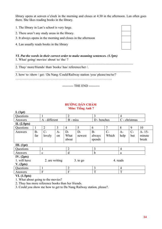 Thi hki tiếng anh lớp 7 (with key) | PPT