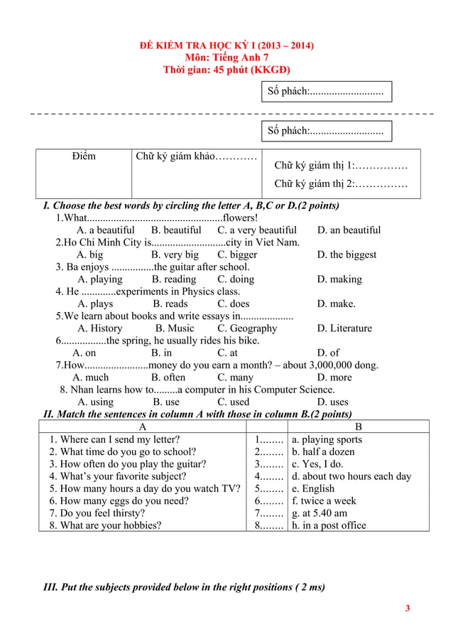 Thi hki tiếng anh lớp 7 (with key) | PPT