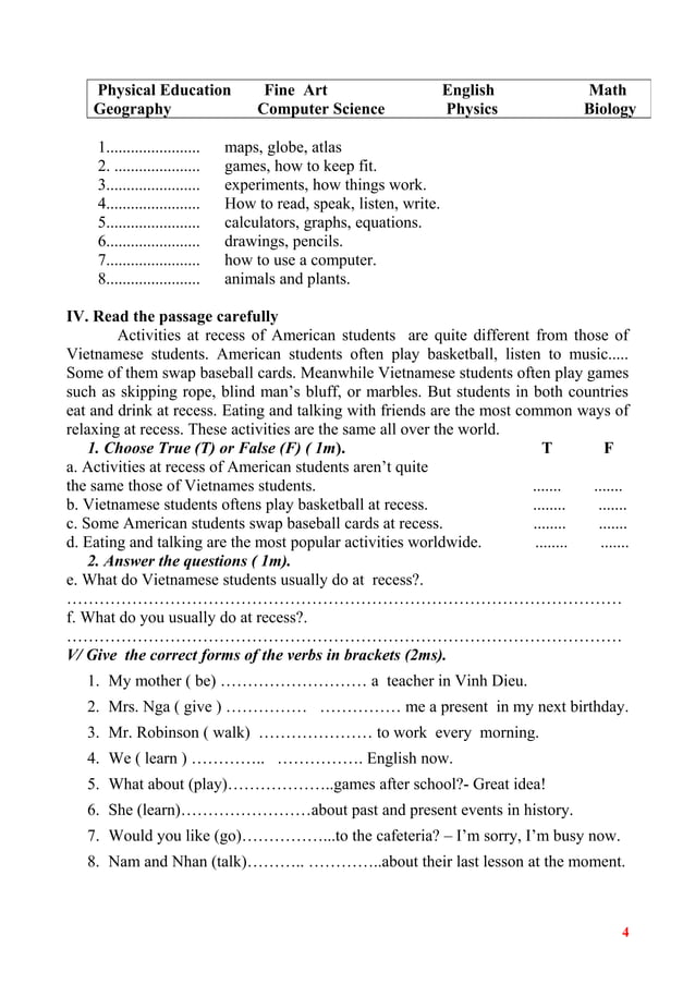 Thi hki tiếng anh lớp 7 (with key) | PPT