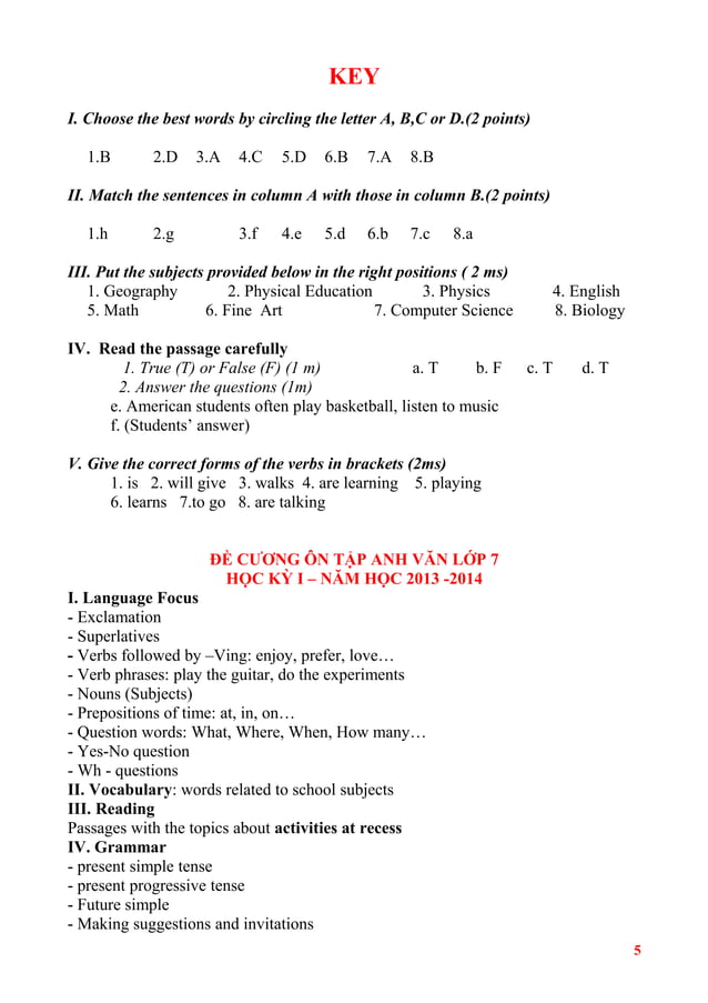 Thi hki tiếng anh lớp 7 (with key) | PPT