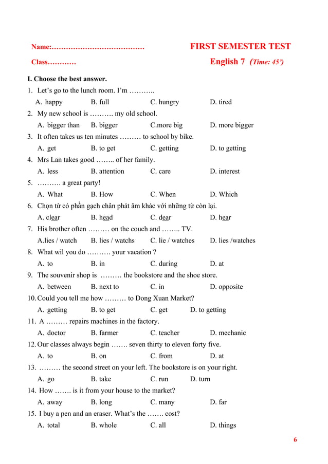 Thi hki tiếng anh lớp 7 (with key) | PPT