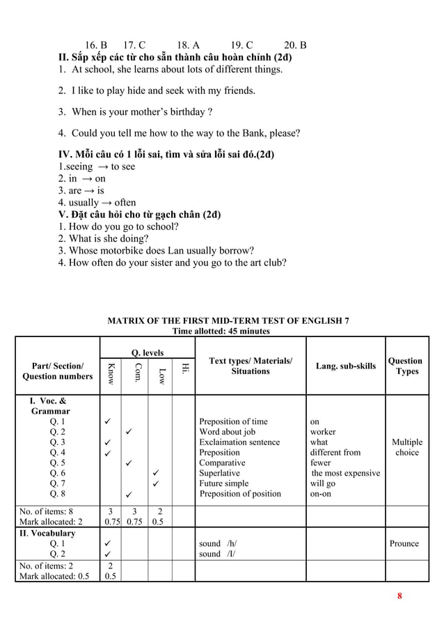 Thi hki tiếng anh lớp 7 (with key) | PPT