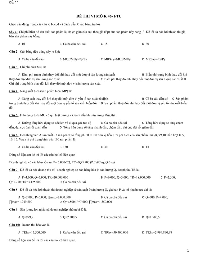 Đề thi cuối kỳ Kinh Tế Vĩ Mô 1 ĐH Ngoại Thương - K46 | DOC