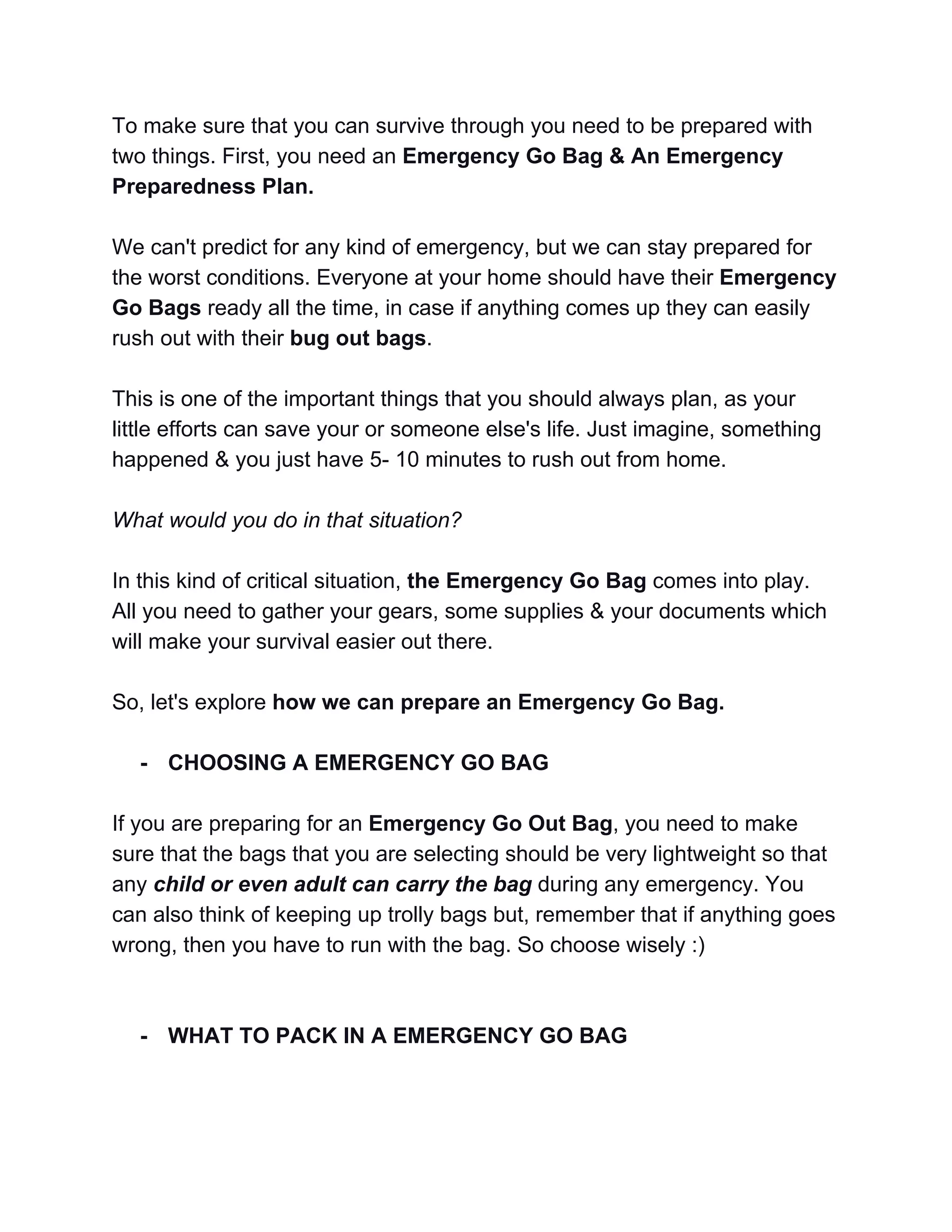 Things You Must Keep in Your Emergency Go Bag | Safecastle | PDF