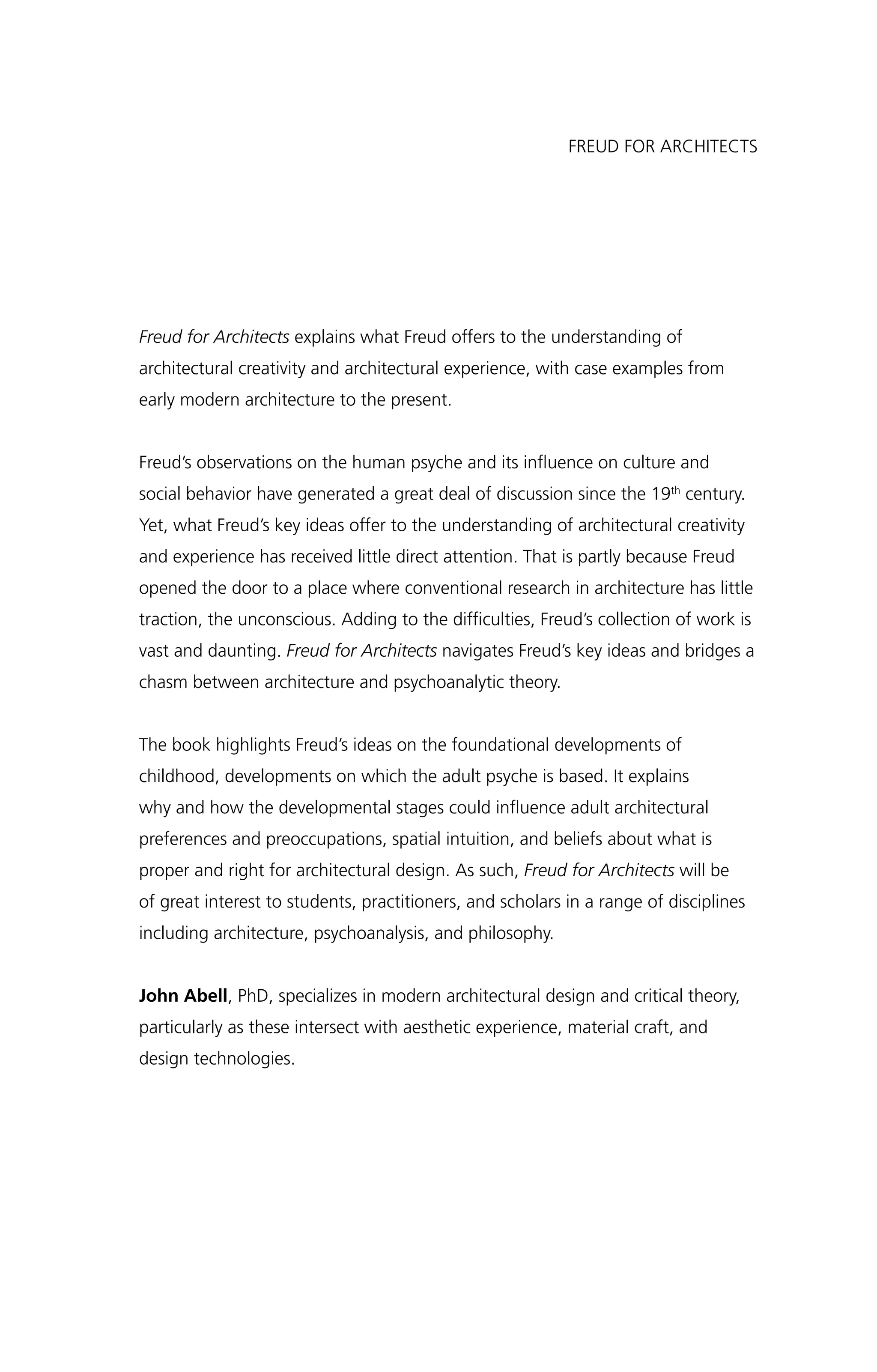 (Thinkers for Architects, 17) John H. Abell - Freud for Architects ...