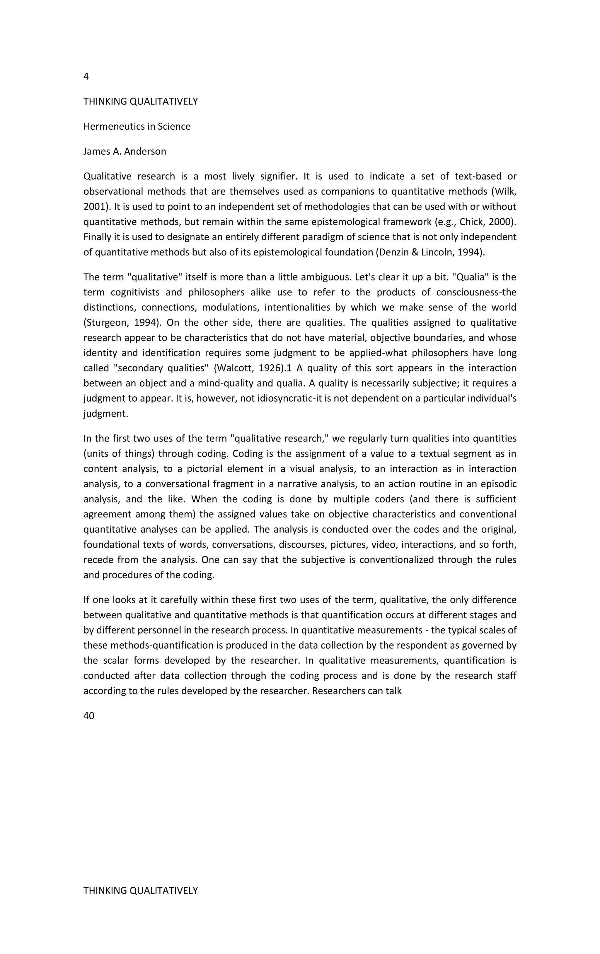 Thinking qualitatively, Hermeneutics in Science, James A. Anderson | DOCX