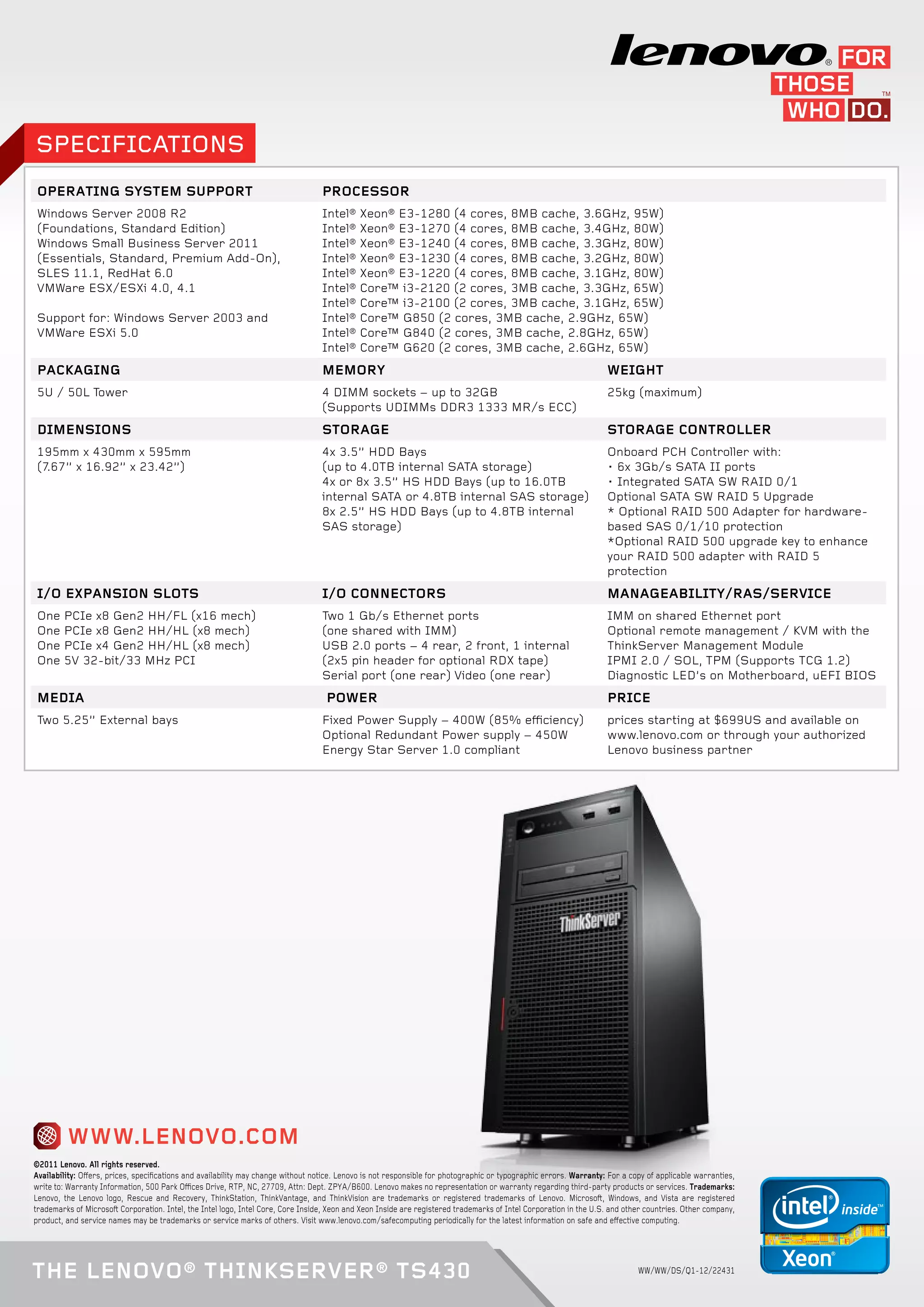 ThinkServer TS430 | PDF