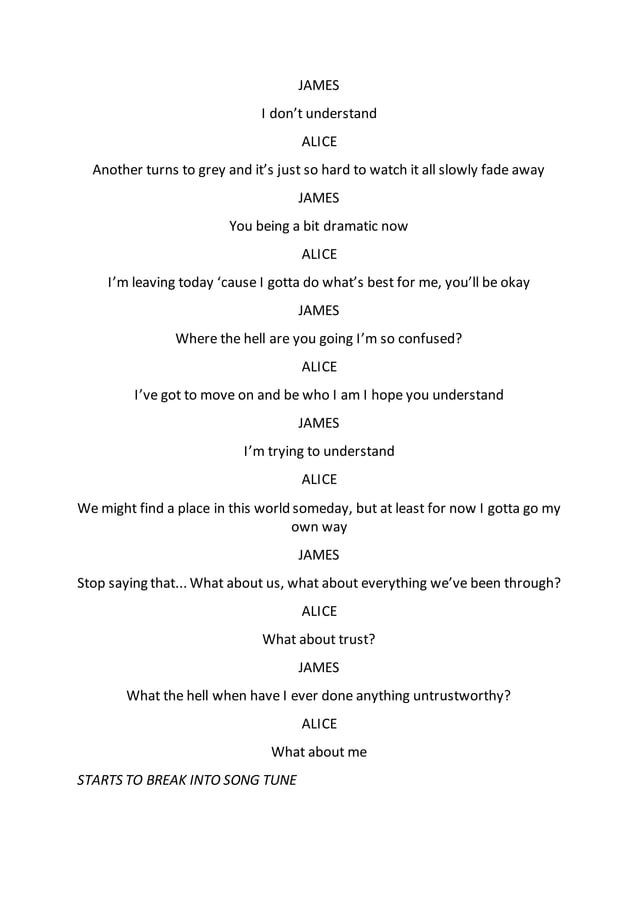 Script for Preliminary Task (Final Draft) - The Break Up | DOCX | Musicals | Genres