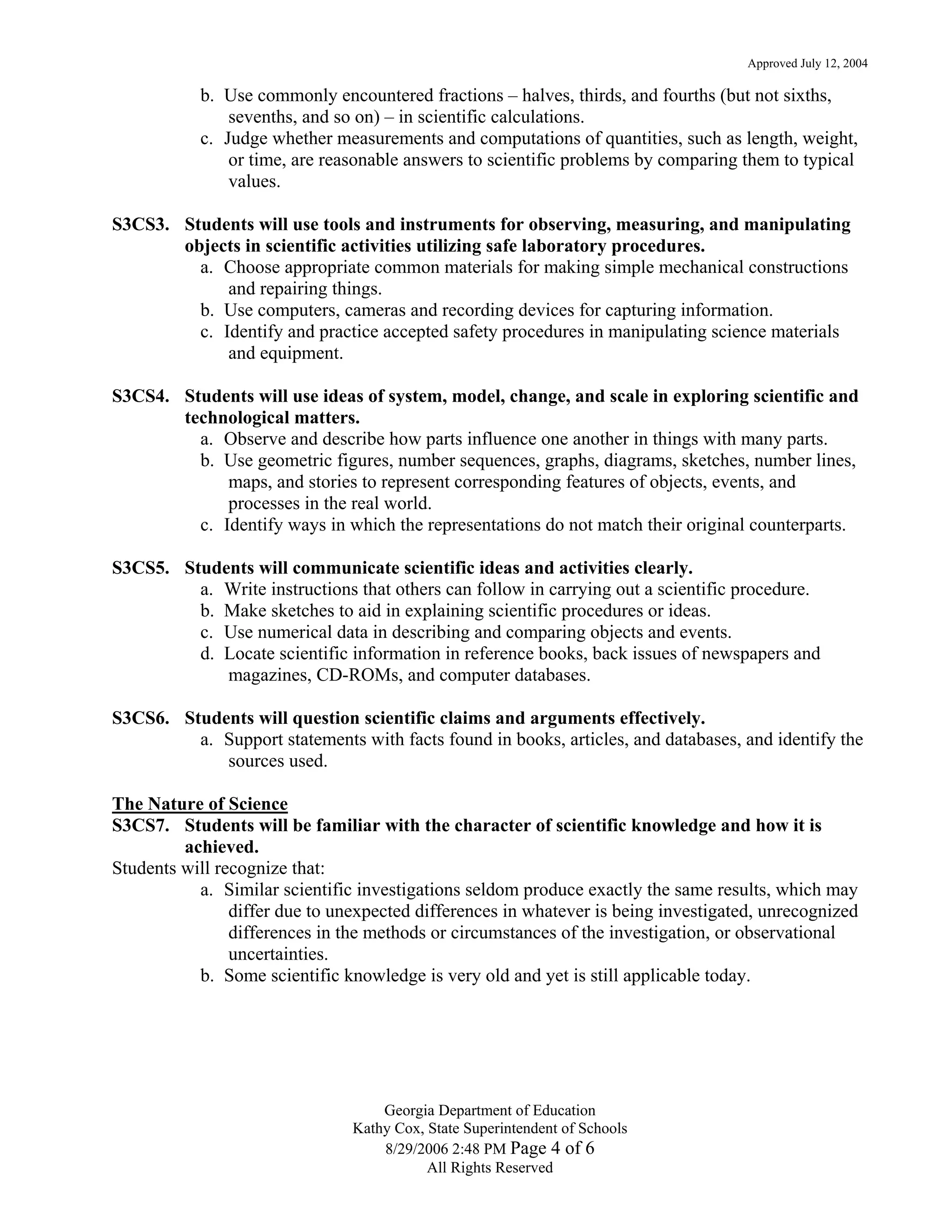 Georgia Third Grade Science Standards | PDF