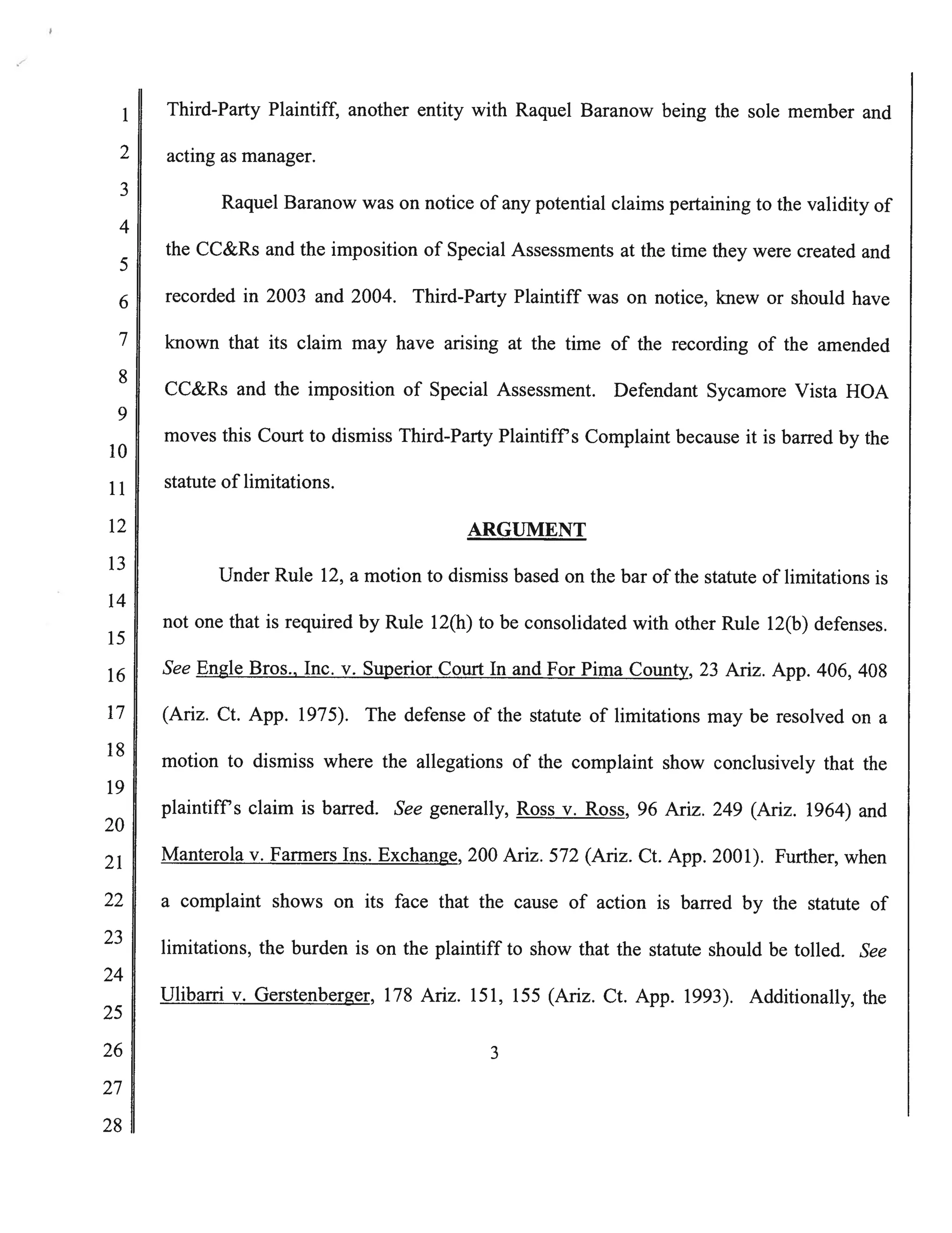 HOA's Motion to Dismiss (Barred by Statutes of Limitations) | PDF