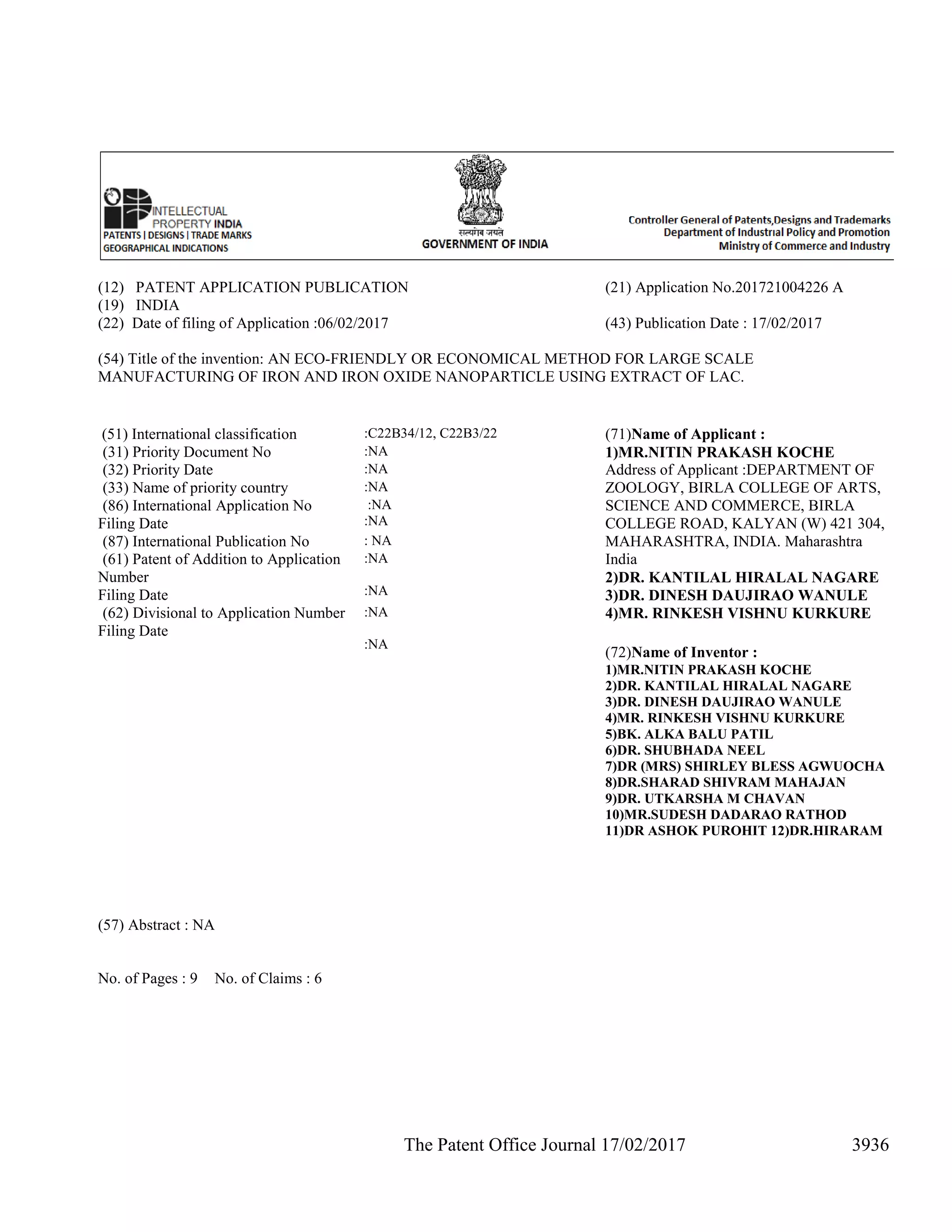 Third patent: AN ECO-FRIENDLY OR ECONOMICAL METHOD FOR LARGE SCALE ...