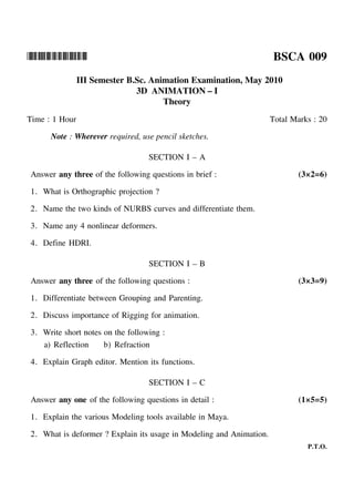 Third sem sample paper of 3 d animation – i bsca009 | PDF