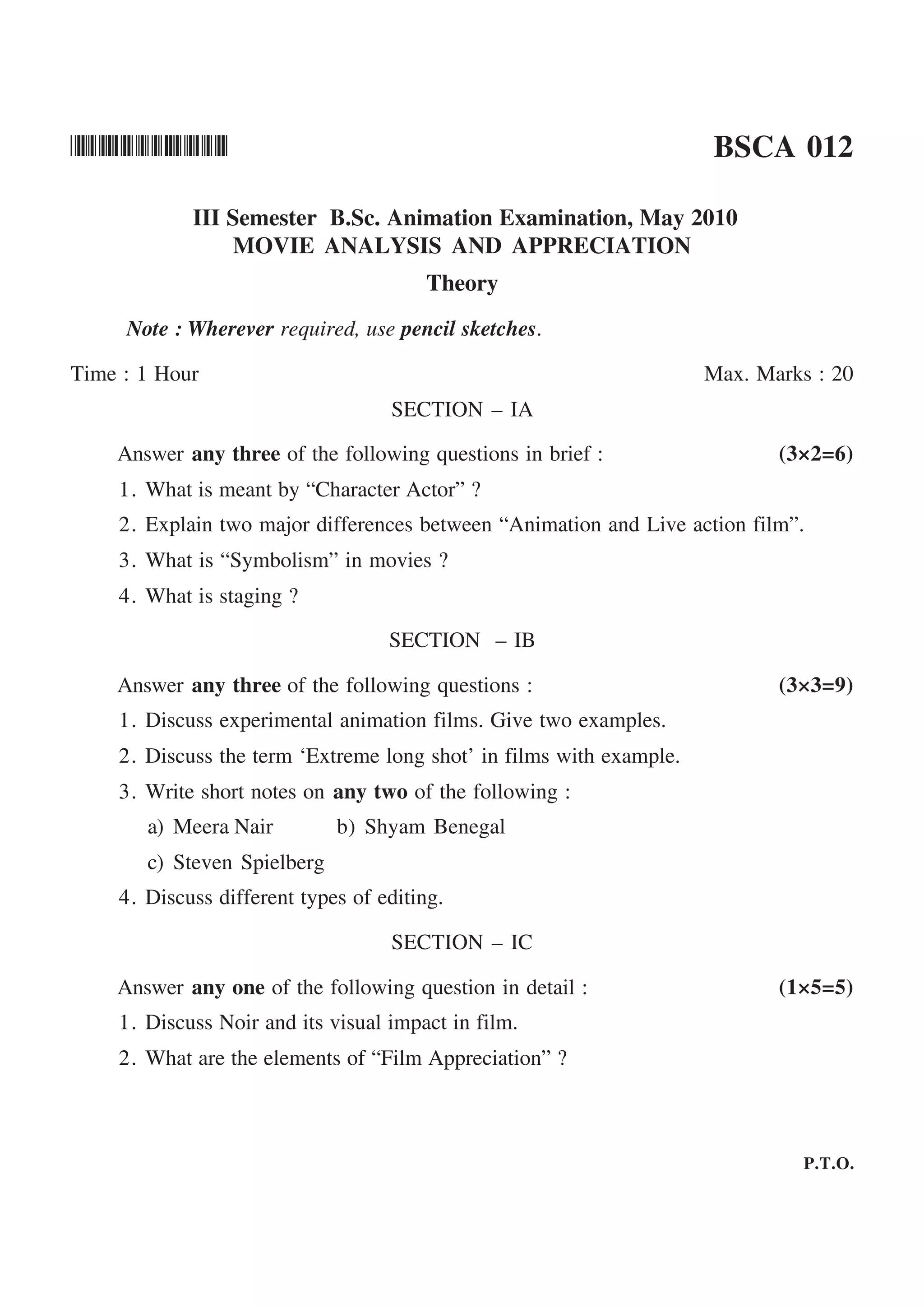 Third sem sample paper of movie analysis and appreciation bsca 012 | PDF
