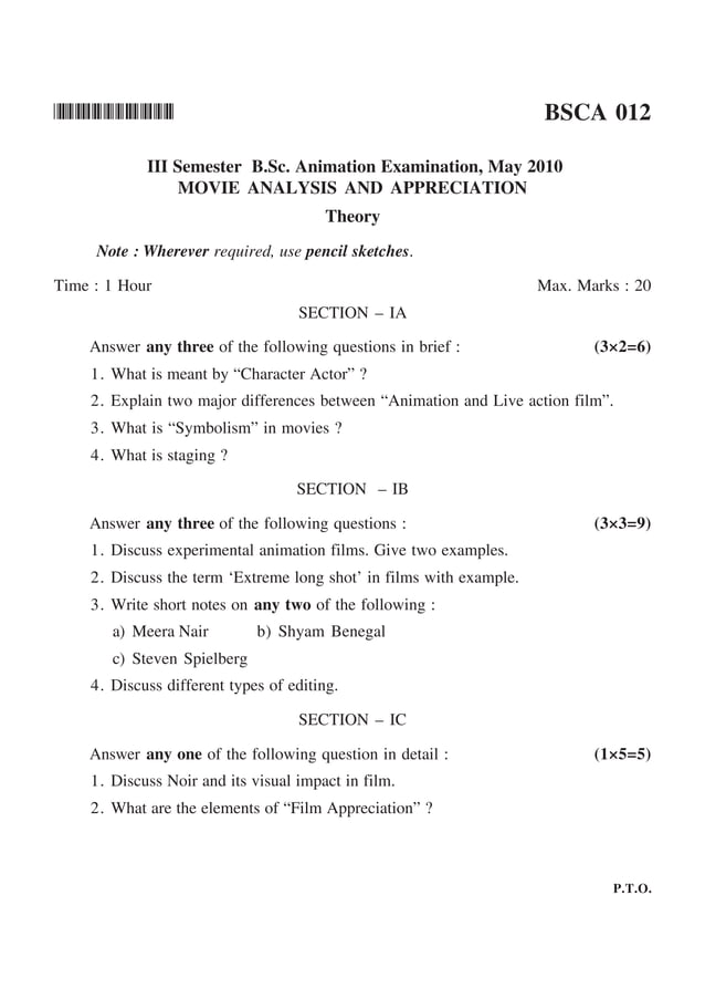 Third sem sample paper of movie analysis and appreciation bsca 012 | PDF