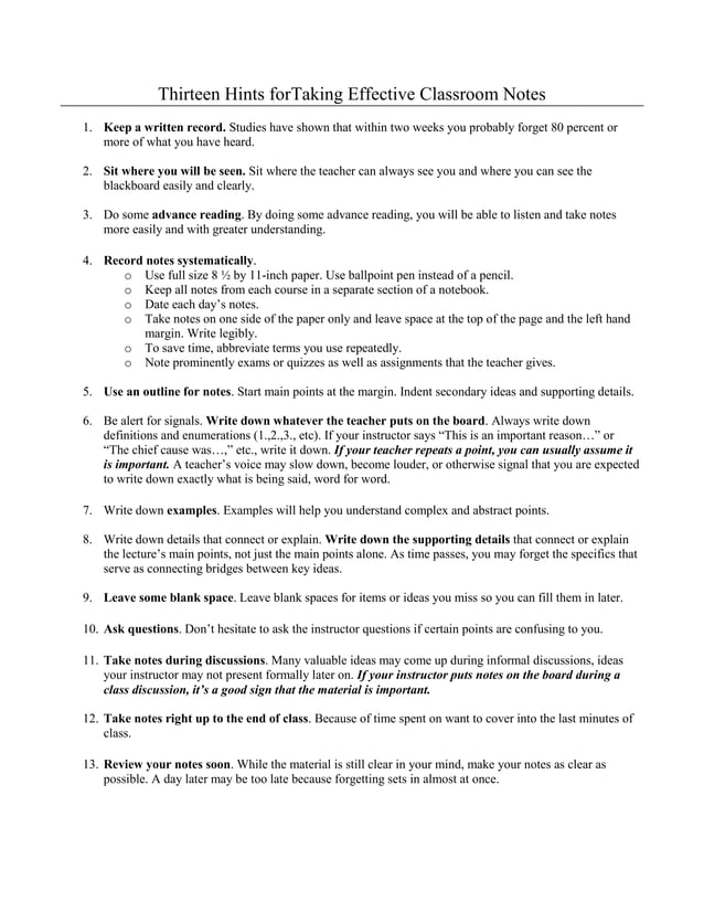 Thirteen hints for taking effective classroom notes | DOCX ...