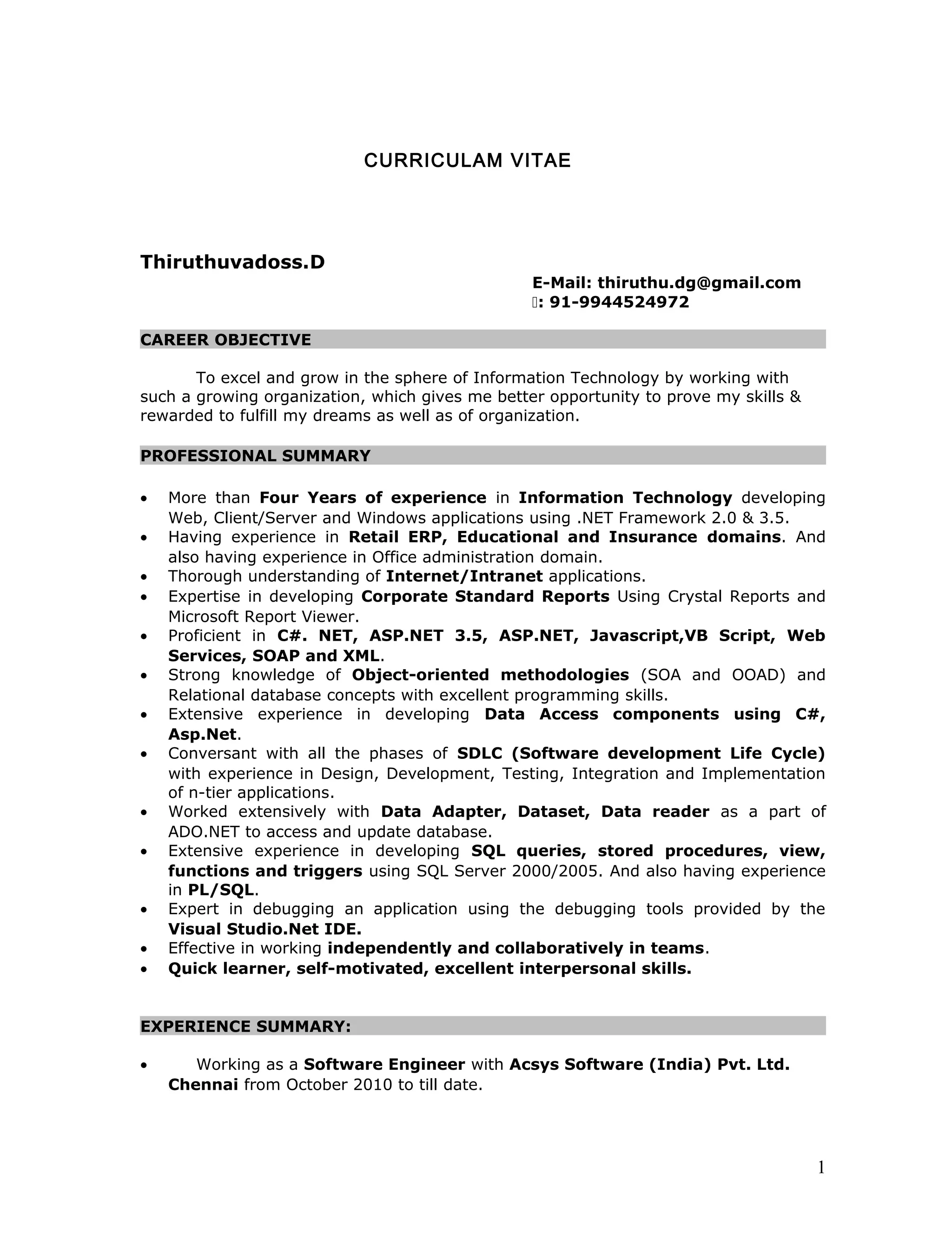 Thiruthuvadoss profile | DOC | Databases | Computer Software and Applications