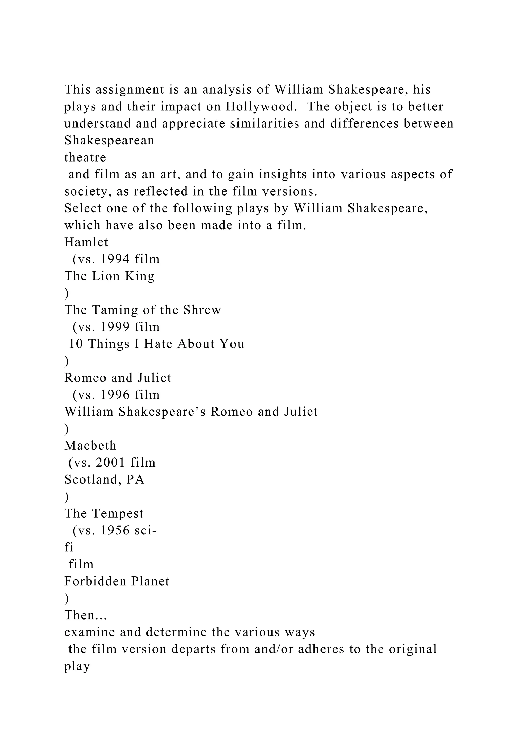 This assignment is an analysis of William Shakespeare, his plays and.docx