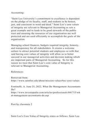 This discussion focuses on the core value of Integrity. Student.docx