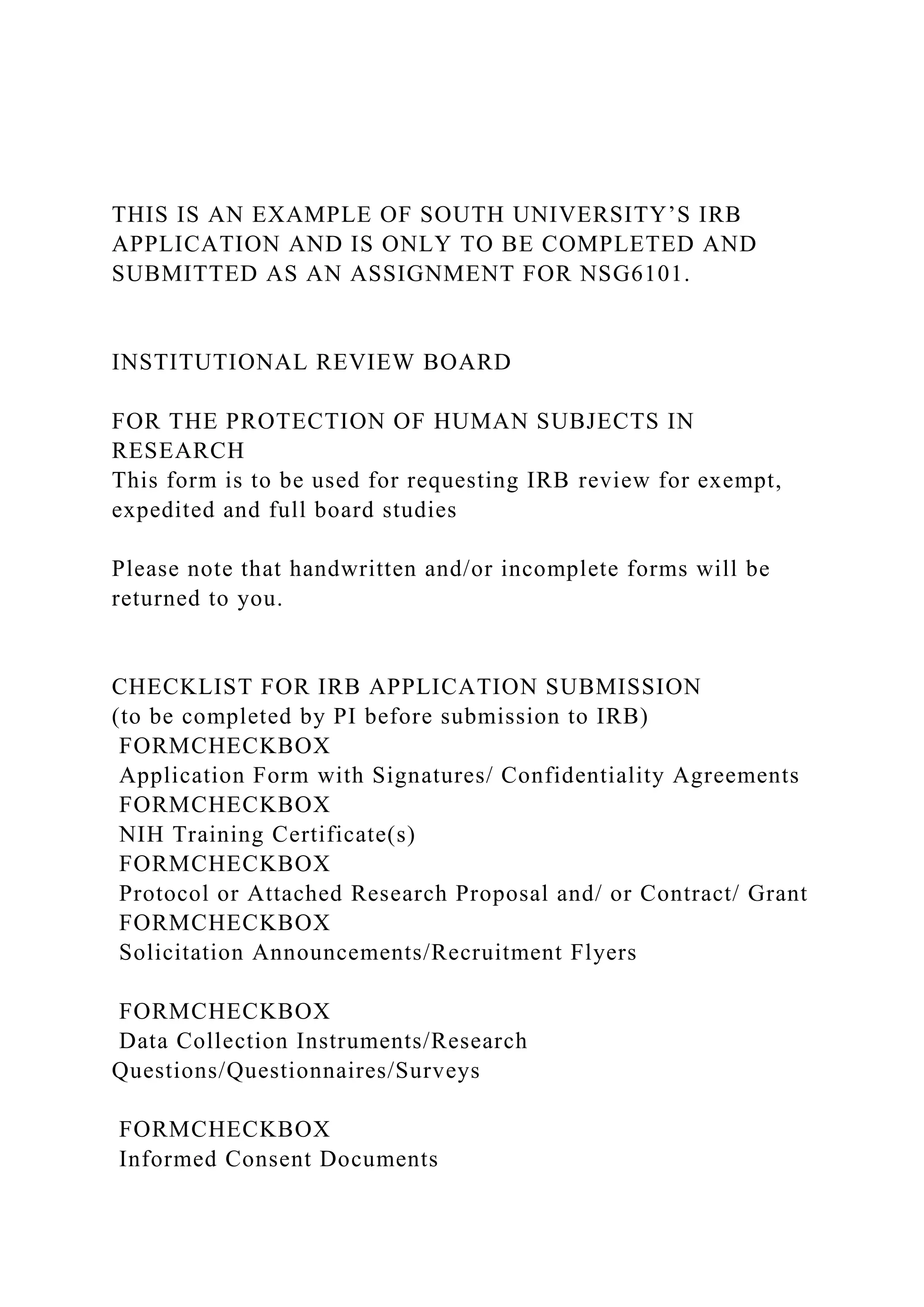 THIS IS AN EXAMPLE OF SOUTH UNIVERSITY’S IRB APPLICATION AND IS | DOCX