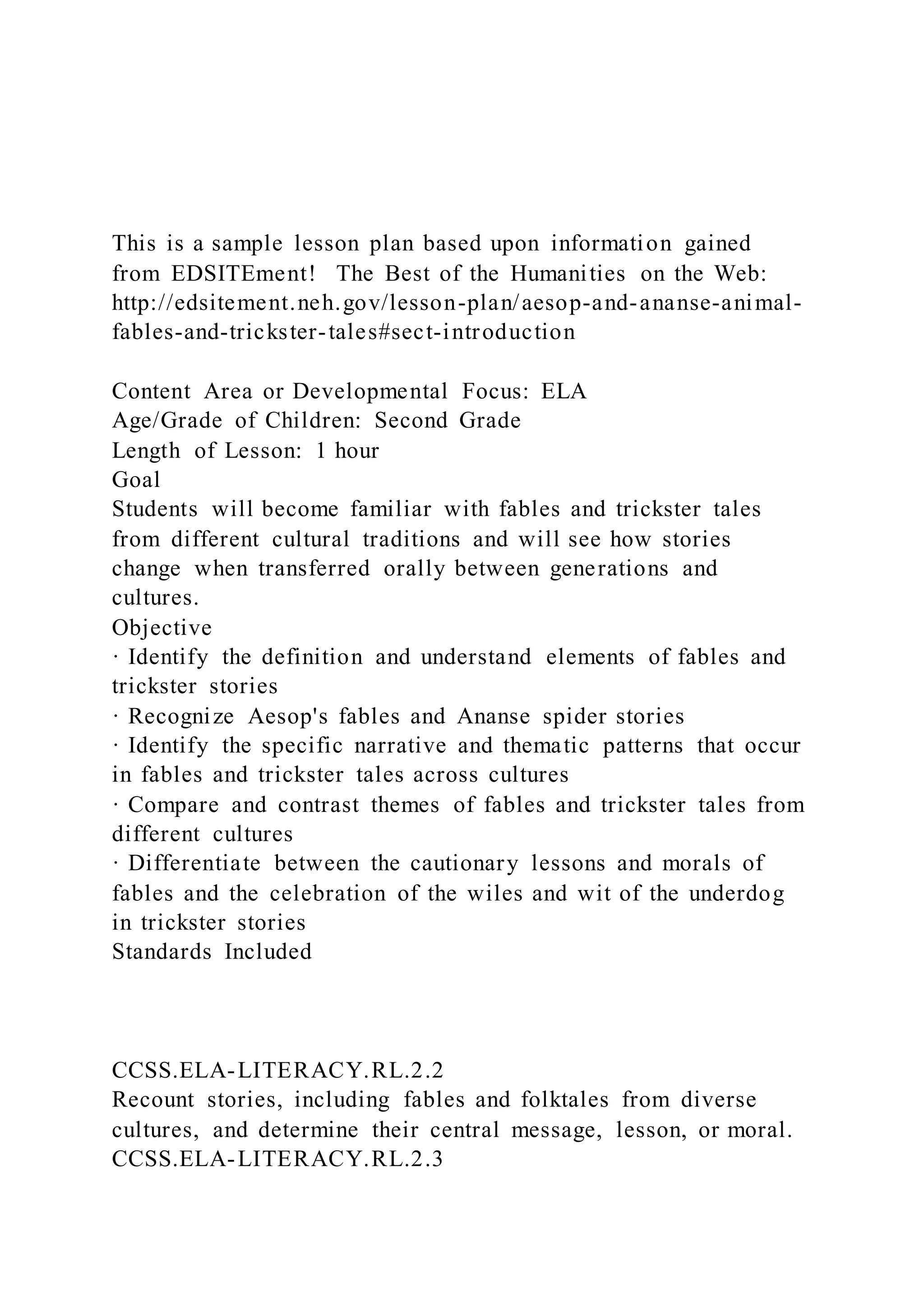 This is a sample lesson plan based upon information gained fro | DOCX