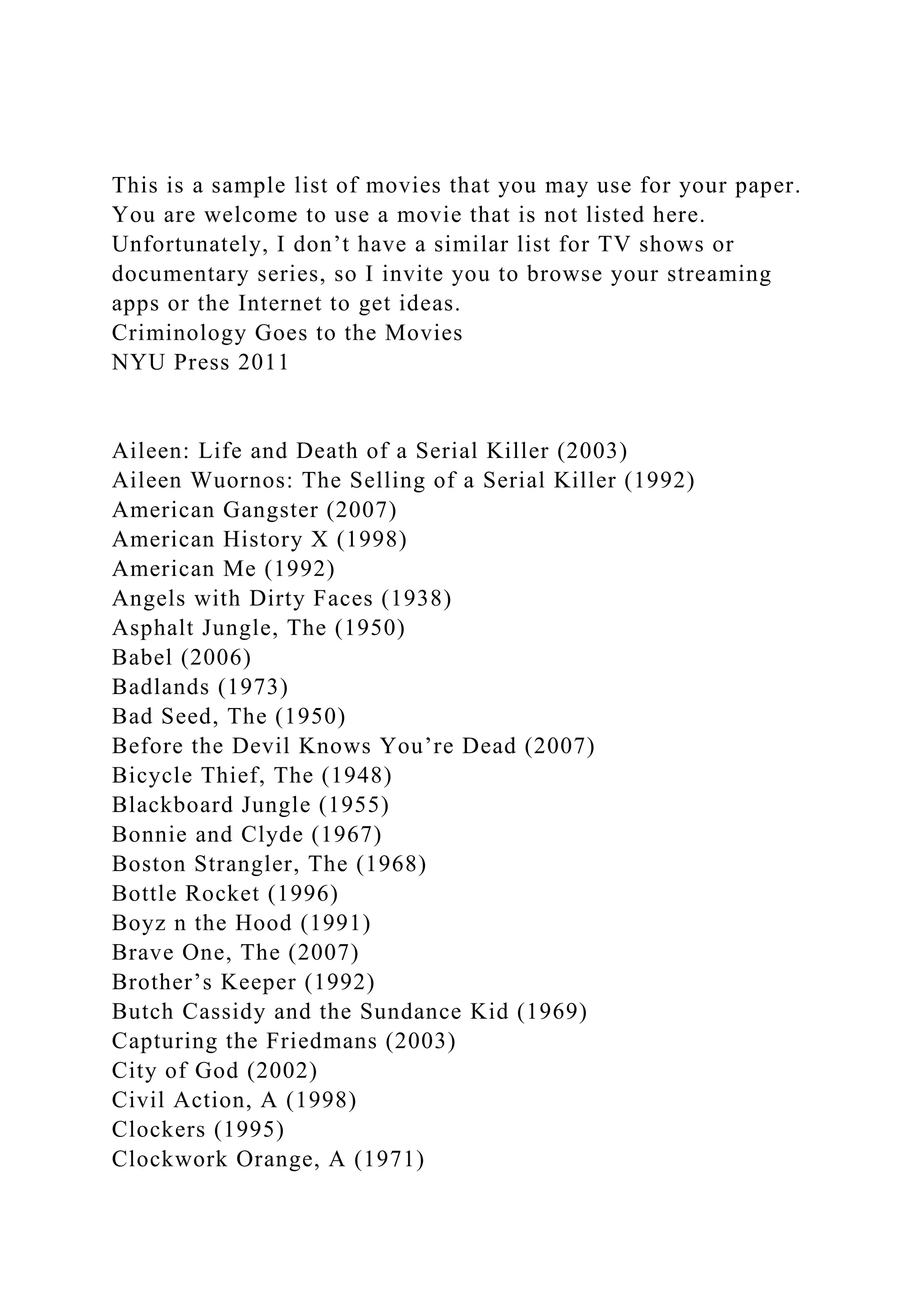 This is a sample list of movies that you may use for your paper. Y.docx