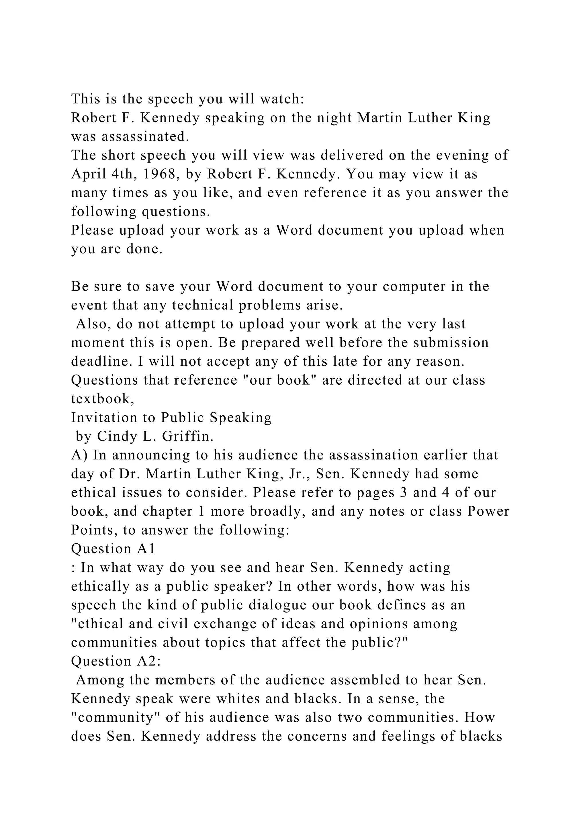 This is the speech you will watch Robert F. Kennedy speaking on t.docx