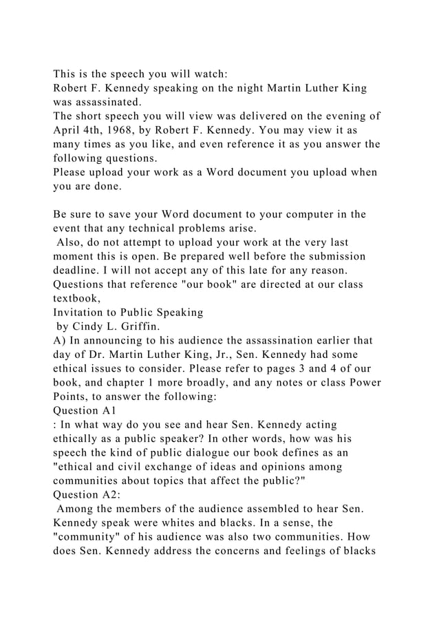 This is the speech you will watch Robert F. Kennedy speaking on t.docx