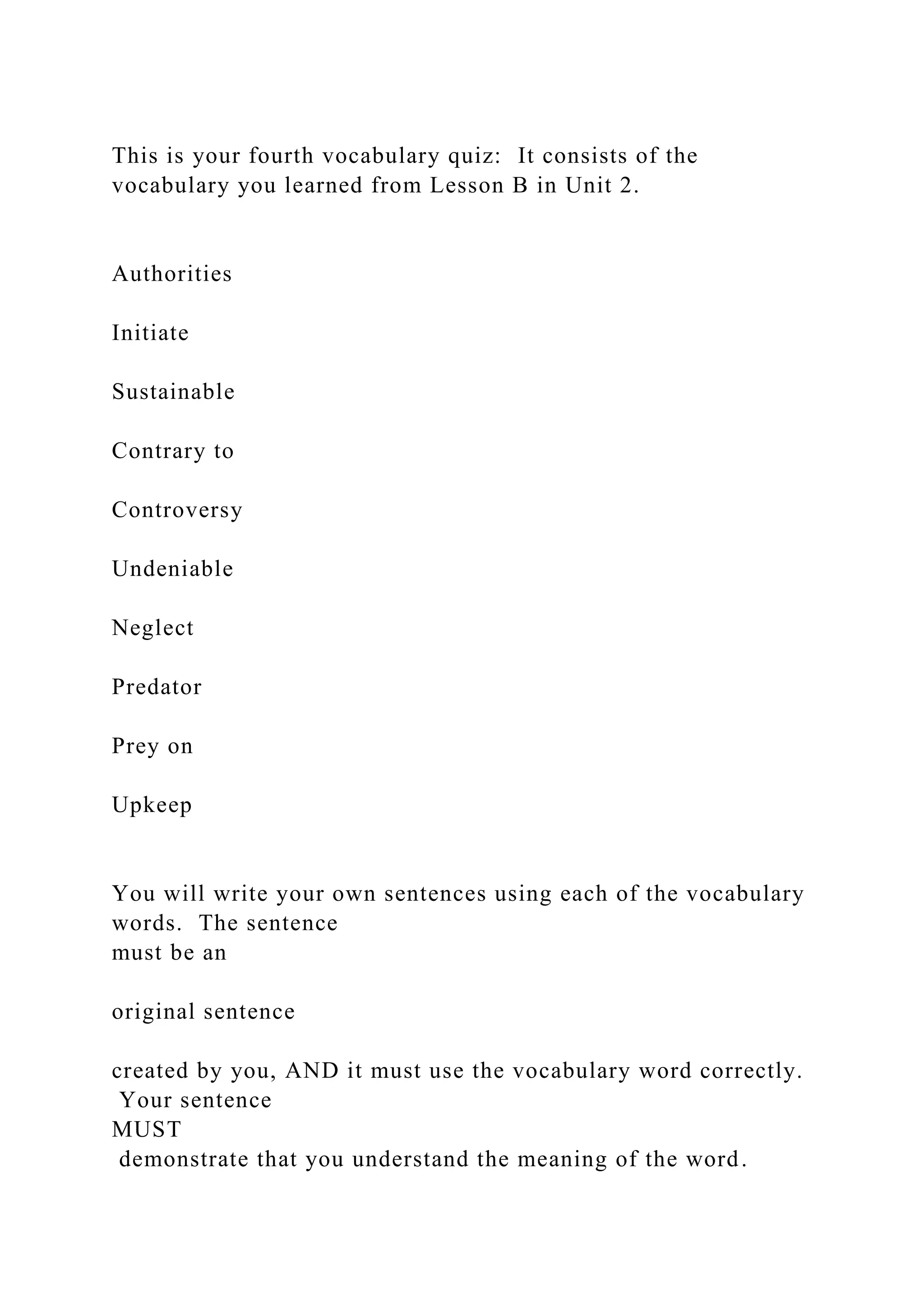 This is your fourth vocabulary quiz It consists of the vocabulary .docx