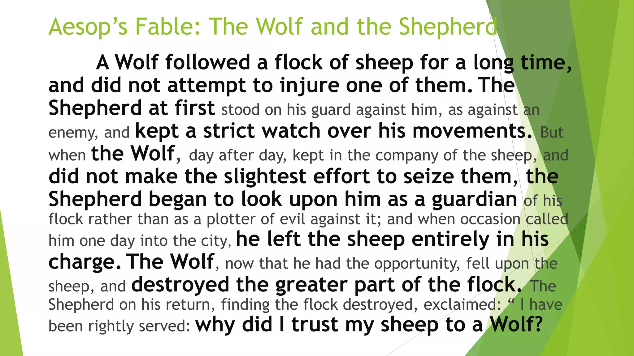 Aesop's Fables: The Lion and the Mouse & The Wolf and the Shepherd | PPT