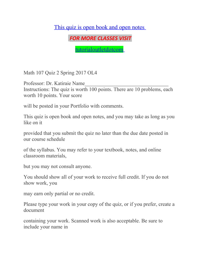 This quiz is open book and open notes/tutorialoutlet | DOC