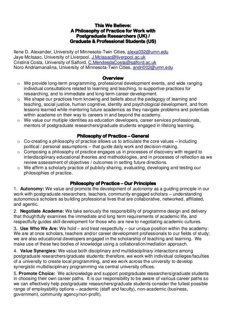 This we believe: A Philosophy of Practice for Work with Postgraduate ...