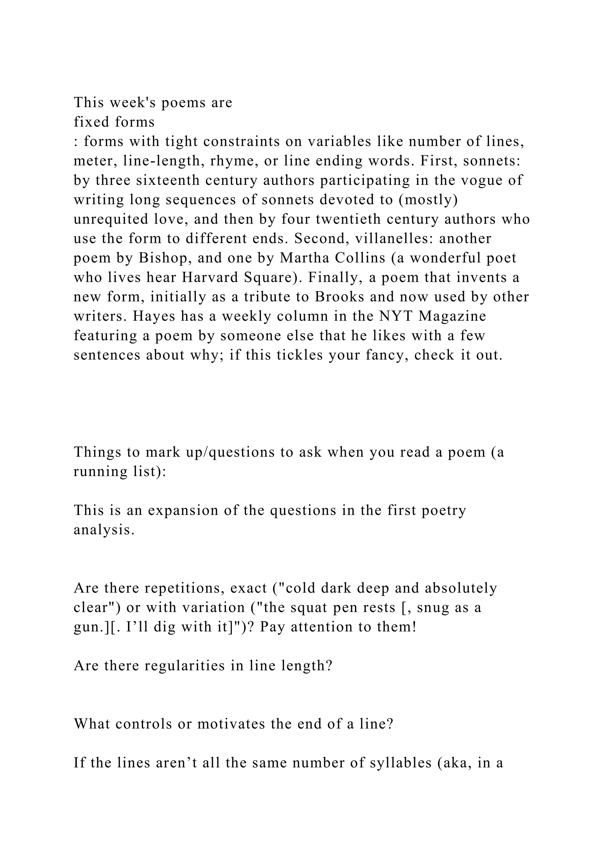This weeks poems are fixed forms forms with tight constraints | PDF