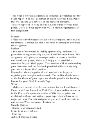This week’s written assignment is important preparation for the Fina.docx