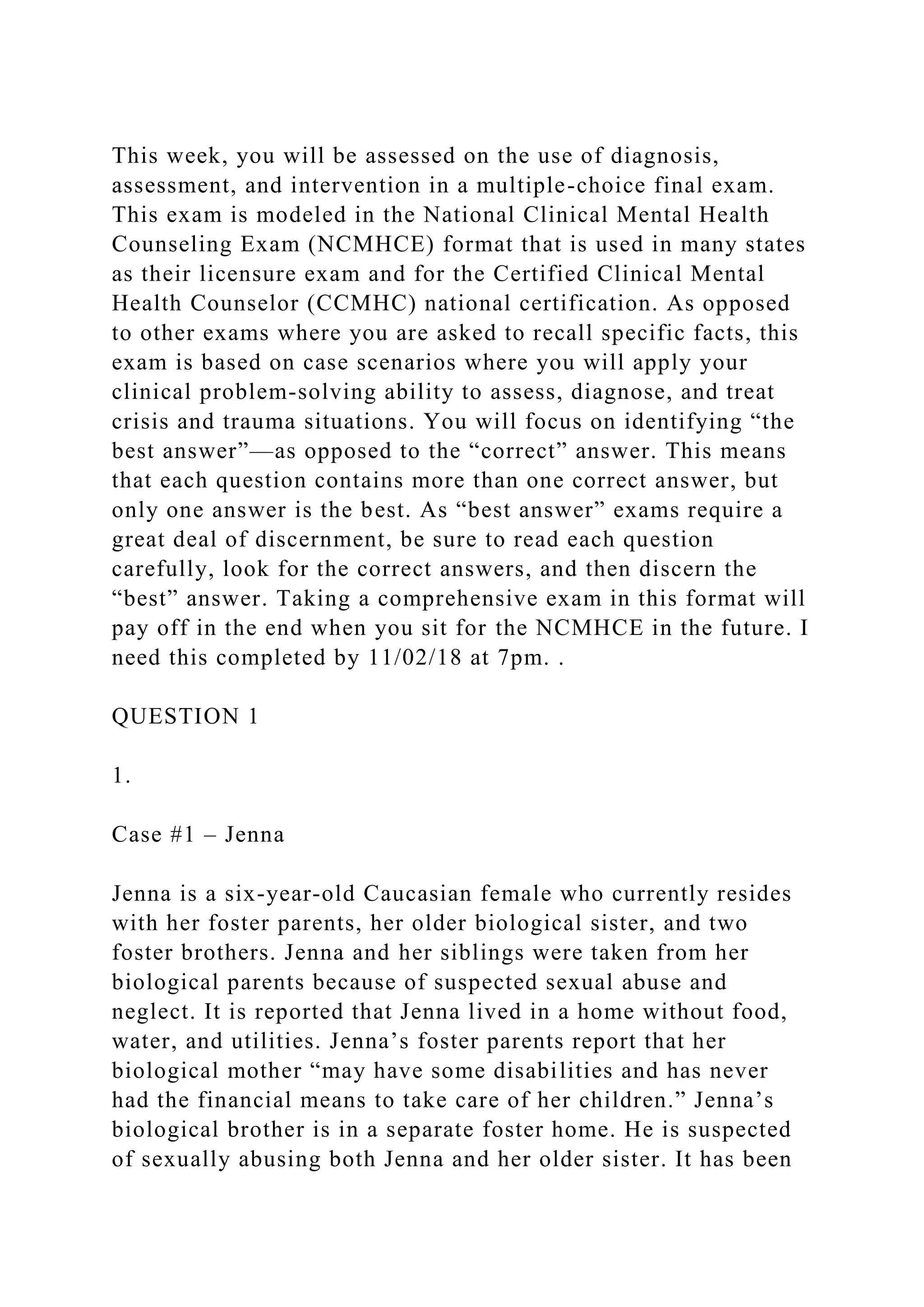 This week, you will be assessed on the use of diagnosis, assessment, | DOCX