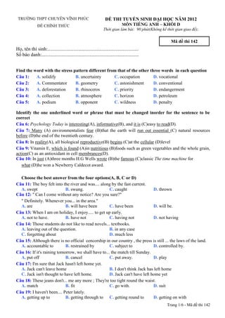 Thi thử anh chuyên vĩnh phúc lần 1 tháng 5 2012 | PDF