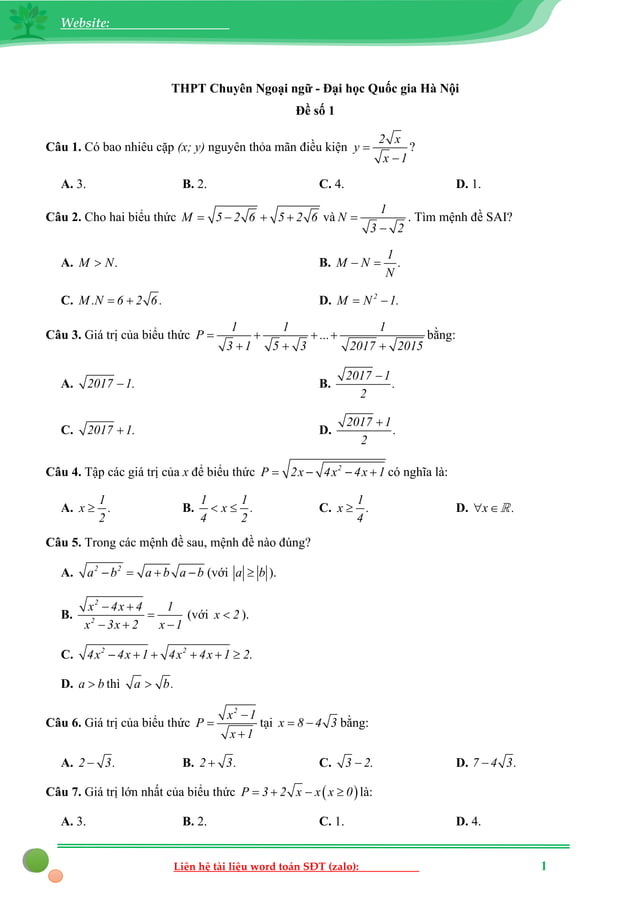 ĐỀ THI THỬ VÀO LỚP 10 MÔN TOÁN CHUYÊN NGOẠI NGỮ - ĐẠI HỌC QUỐC GIA HÀ NỘI NĂM 2023 CÓ LỜI GIẢI ...